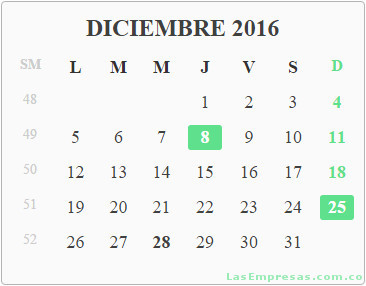 Calendario del año 2016 con festivos Colombia - Las Empresas