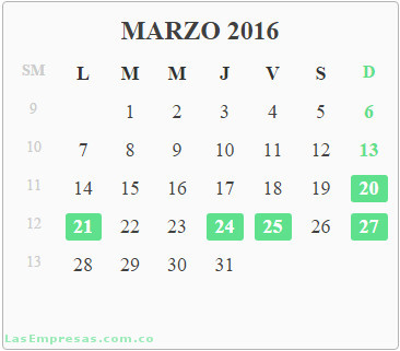 Calendario del año 2016 con festivos Colombia - Las Empresas