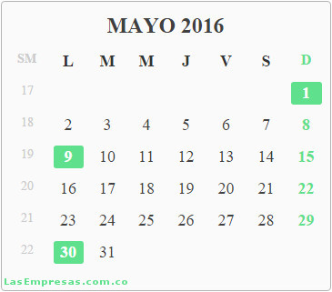 Calendario del año 2016 con festivos Colombia - Las Empresas